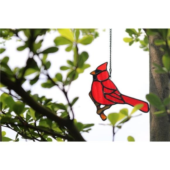 Accents | Red Cardinal Bird On Branch Stained Glass Window Hangings Red ...
